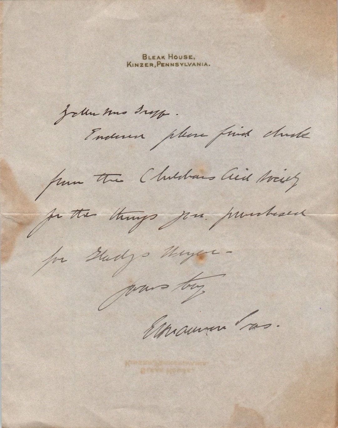 1880s Original Handwritten Letter - Bleak House Kinzer Pennsylvania D20 ...