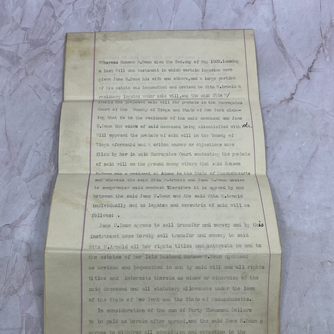 1889 Last Will and Testament Ransom B. Dean, Etta M. Arnold New York MA ...