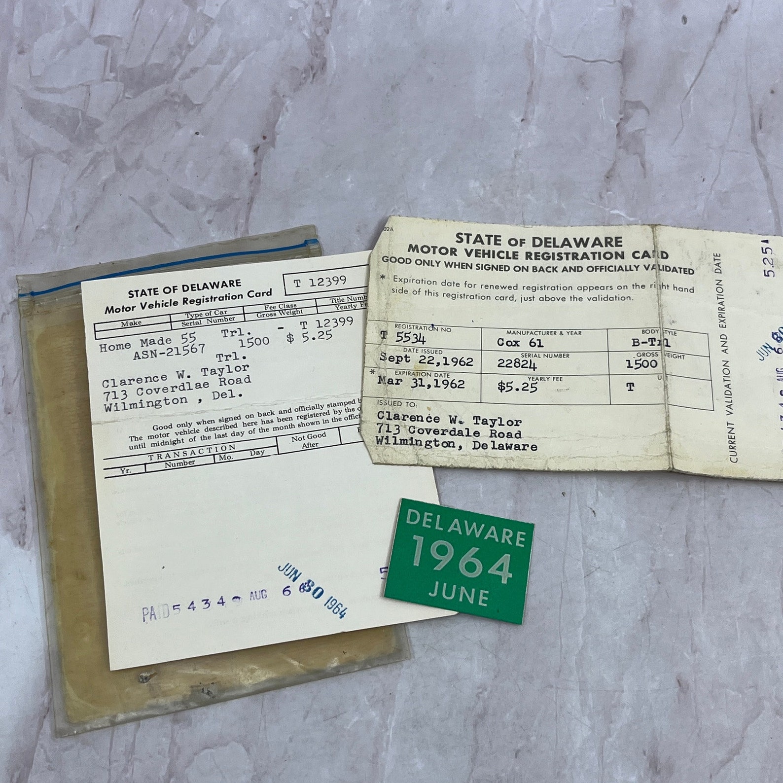 1964 Motor Vehicle Registration Clarence W. Taylor Wilmington Delaware TJ5-EL - Etsy