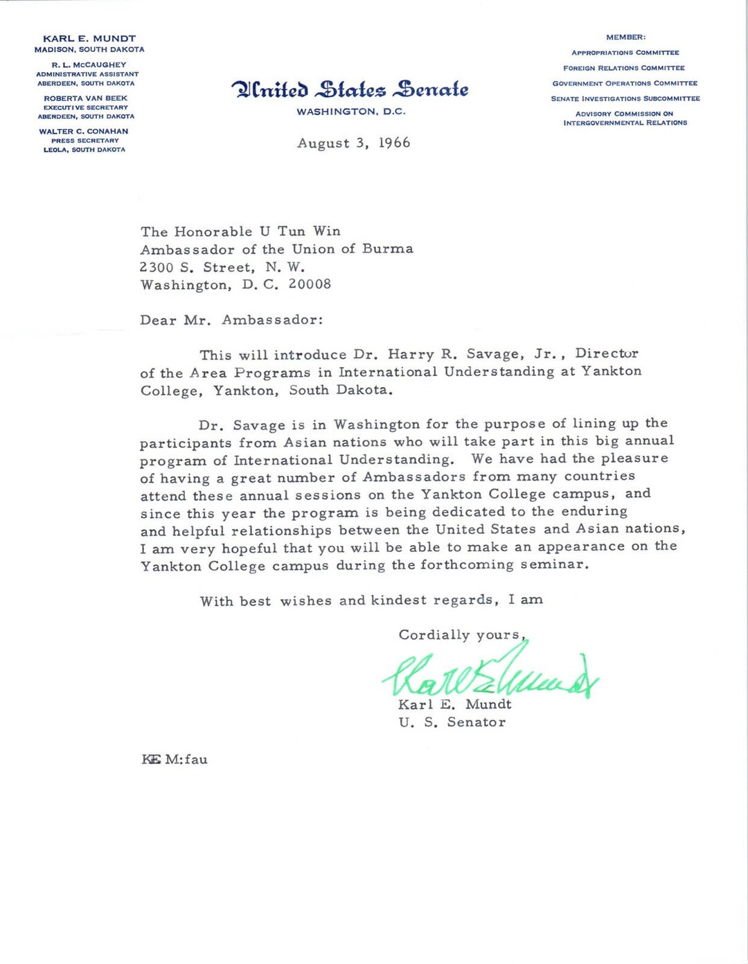 South Dakota Senator Karl Mundt Official Letterhead Signed Memo 1966 ...