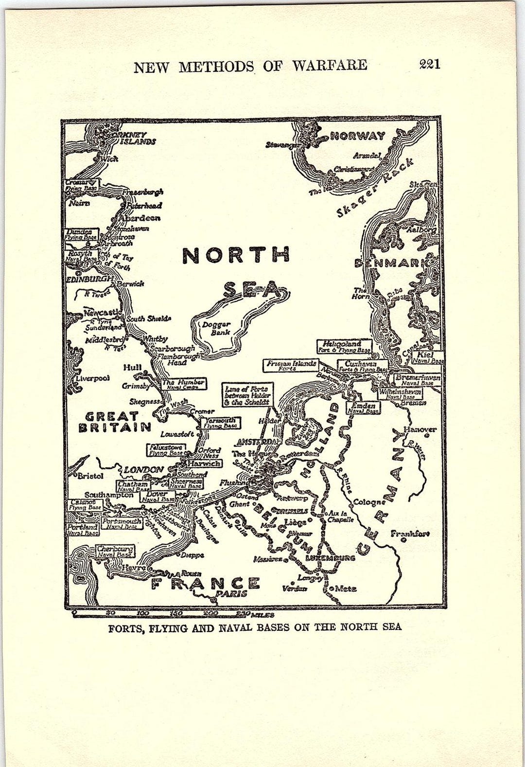 Forts, Flying and Naval Bases on the North Sea 1919 WWI Map Print AF9 ...