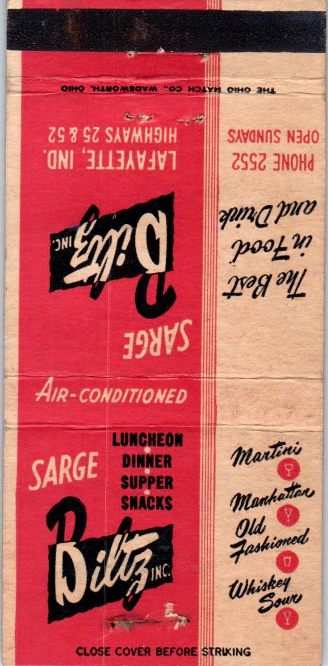 Sarge Biltz Restaurant Lafayette Indiana Advertising Matchbook Cover SA1-M11 - Etsy