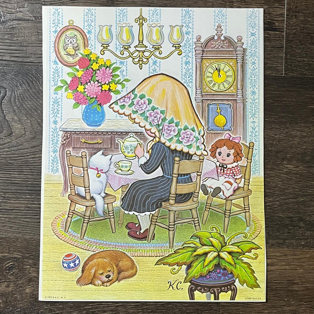 1973 Donald Art Co Teri-tots Tea Party K Chin Retro Kitsch Lithograph ...