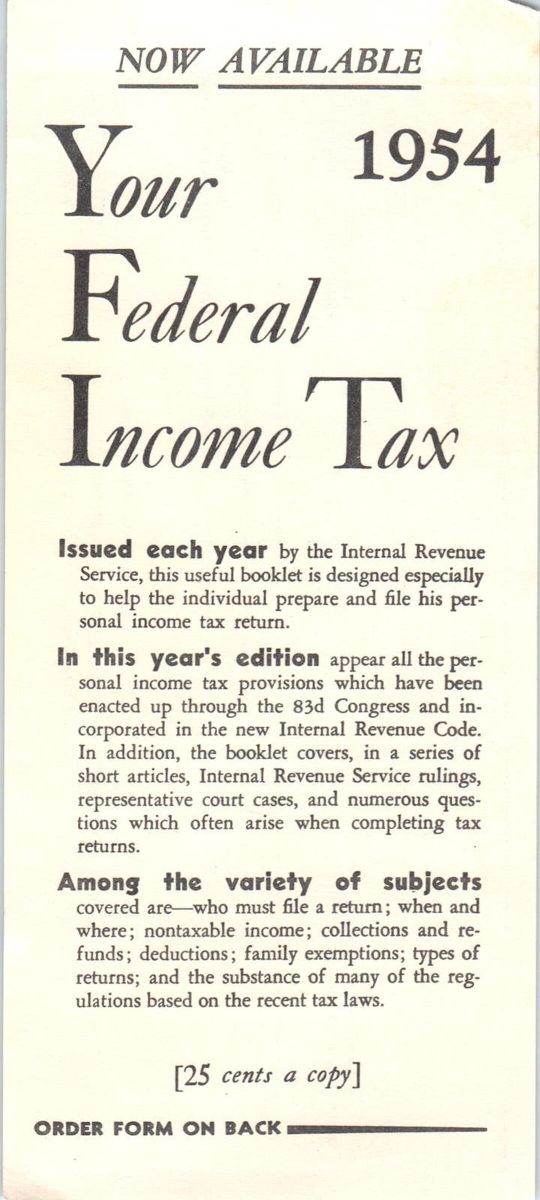 1955 US Government Printing Office Federal Income Tax Copy Order Form ...