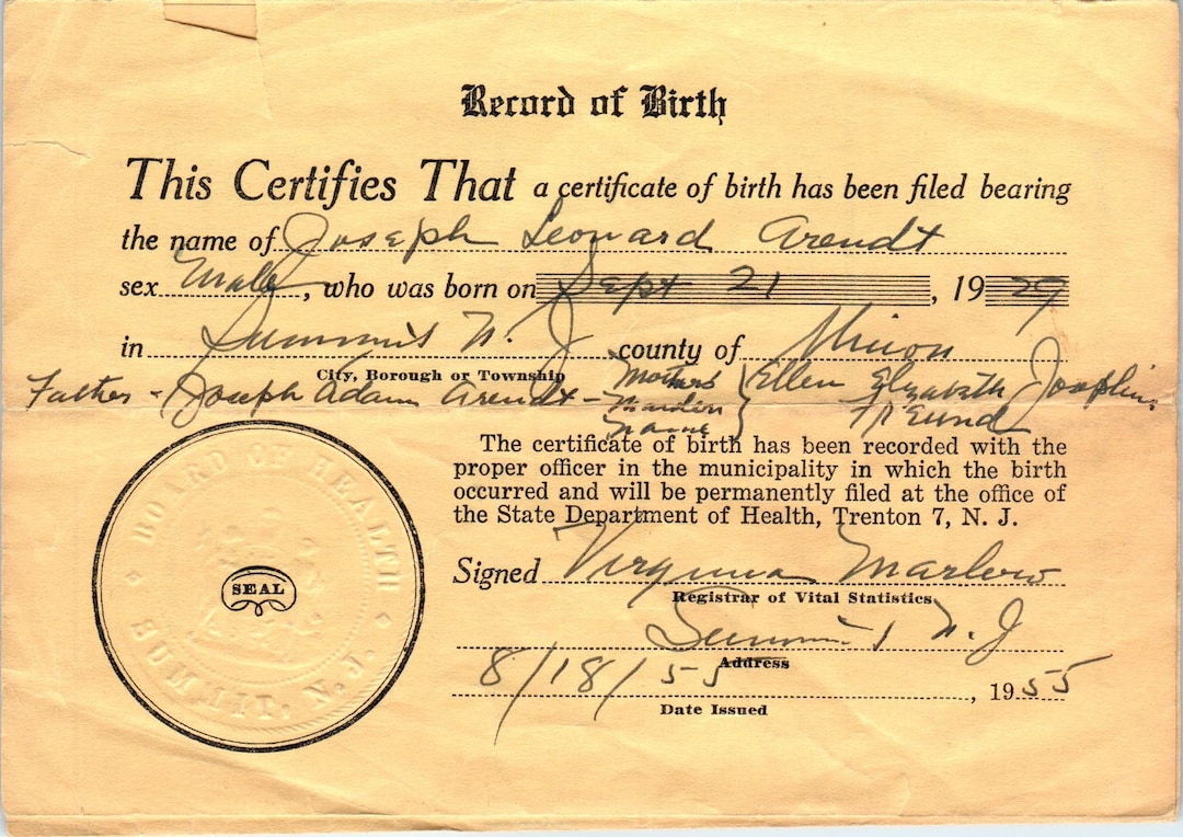 State of New Jersey Record of Birth and Health Joseph Leonard Arendt ...