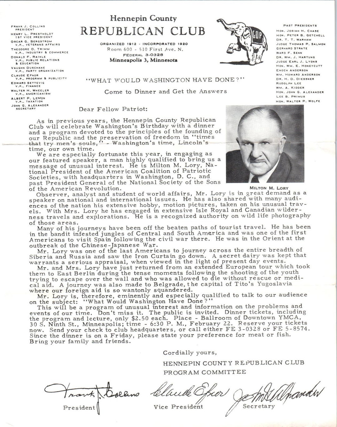1950s Hennepin County Republican Club Milton M. Lory Invitation ...