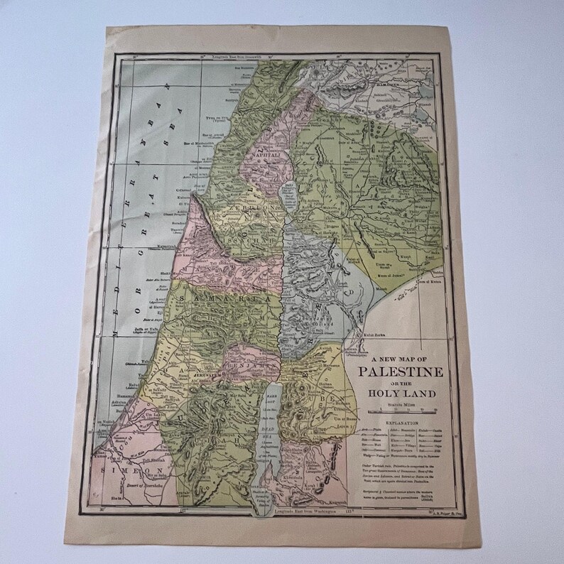 New Map of Palestine Holy Land New & Ancient Jerusalem 1892 Engraving ...