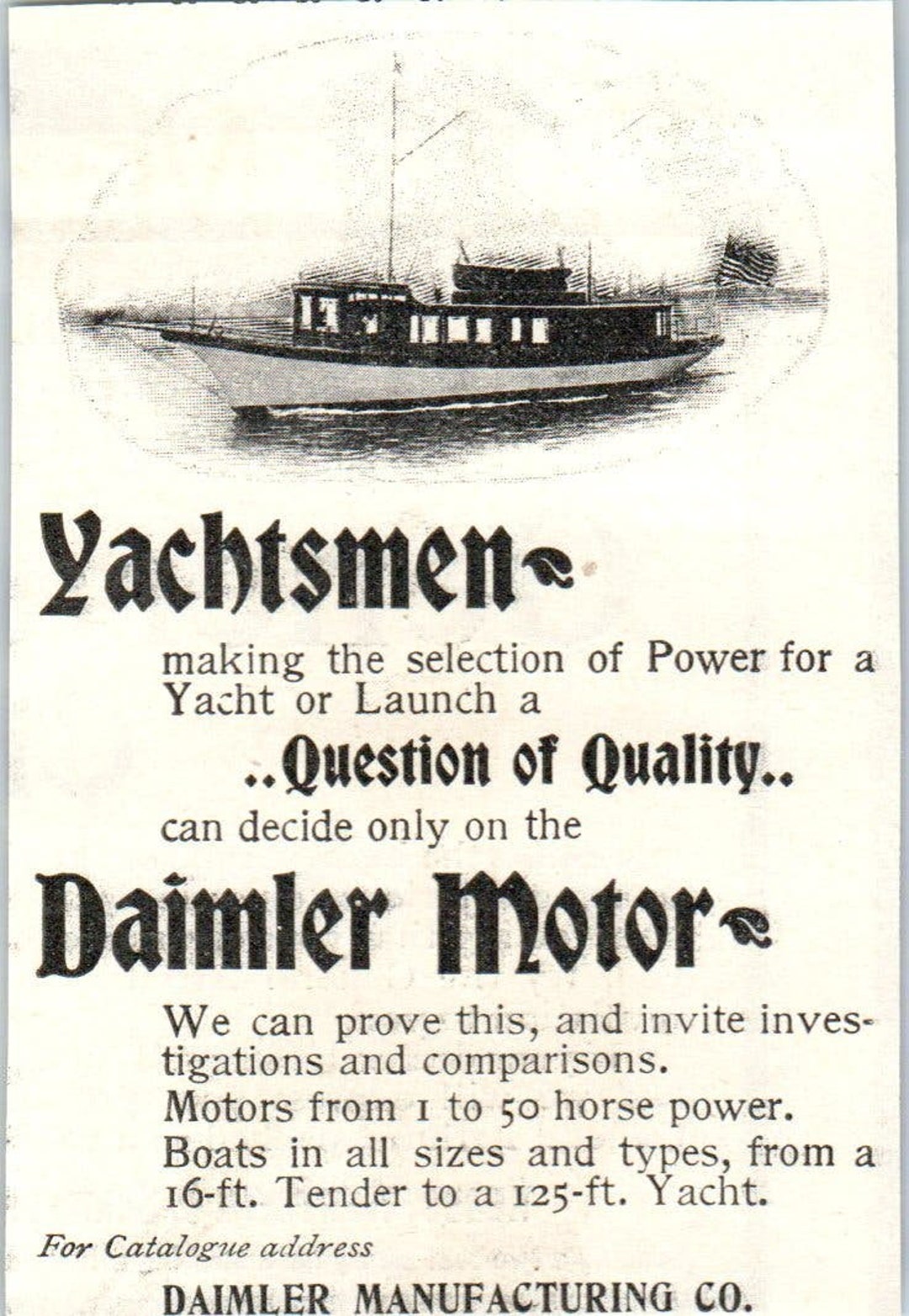 Daimler Manufacturing Co Yacht Motors C1905 Original Advertisement AE7 ...