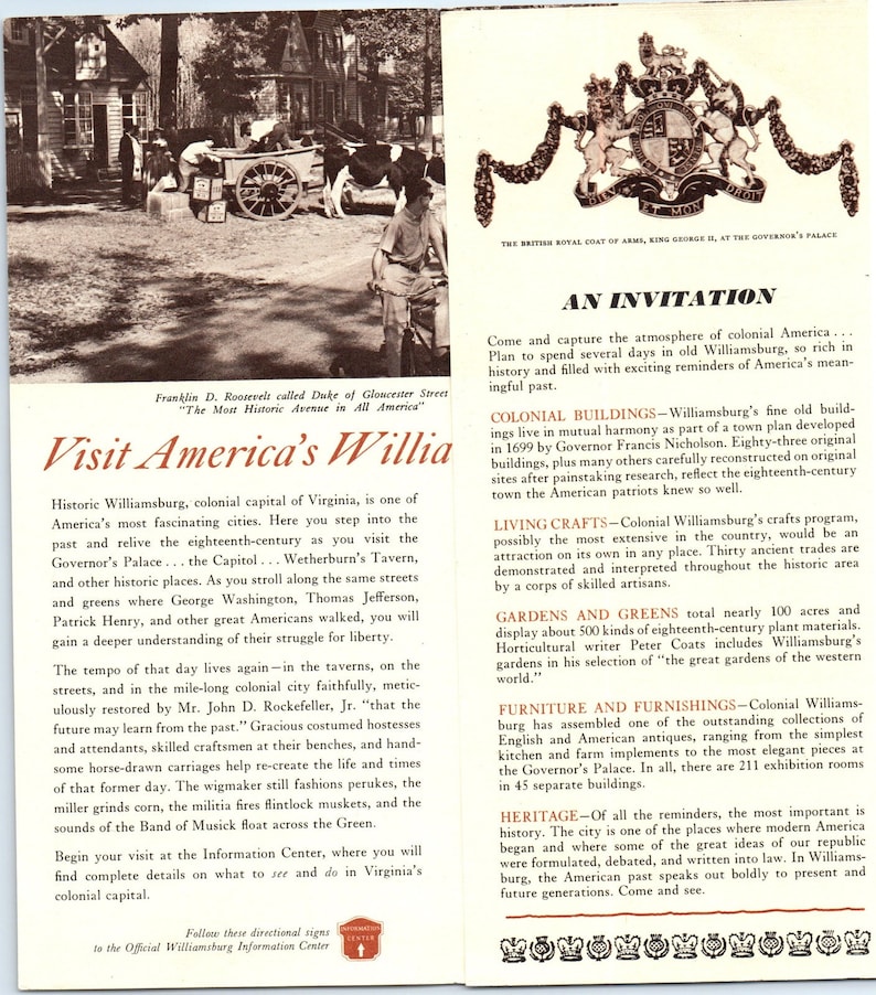 Vintage Historic Colonial Williamsburg Virginia Map & Brochure TF4-B3 ...