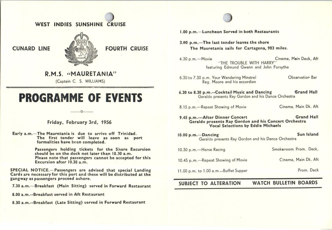 1956 Feb 3rd RMS Mauretania Cunard Line Program Capt. C.S. Williams AB9 ...