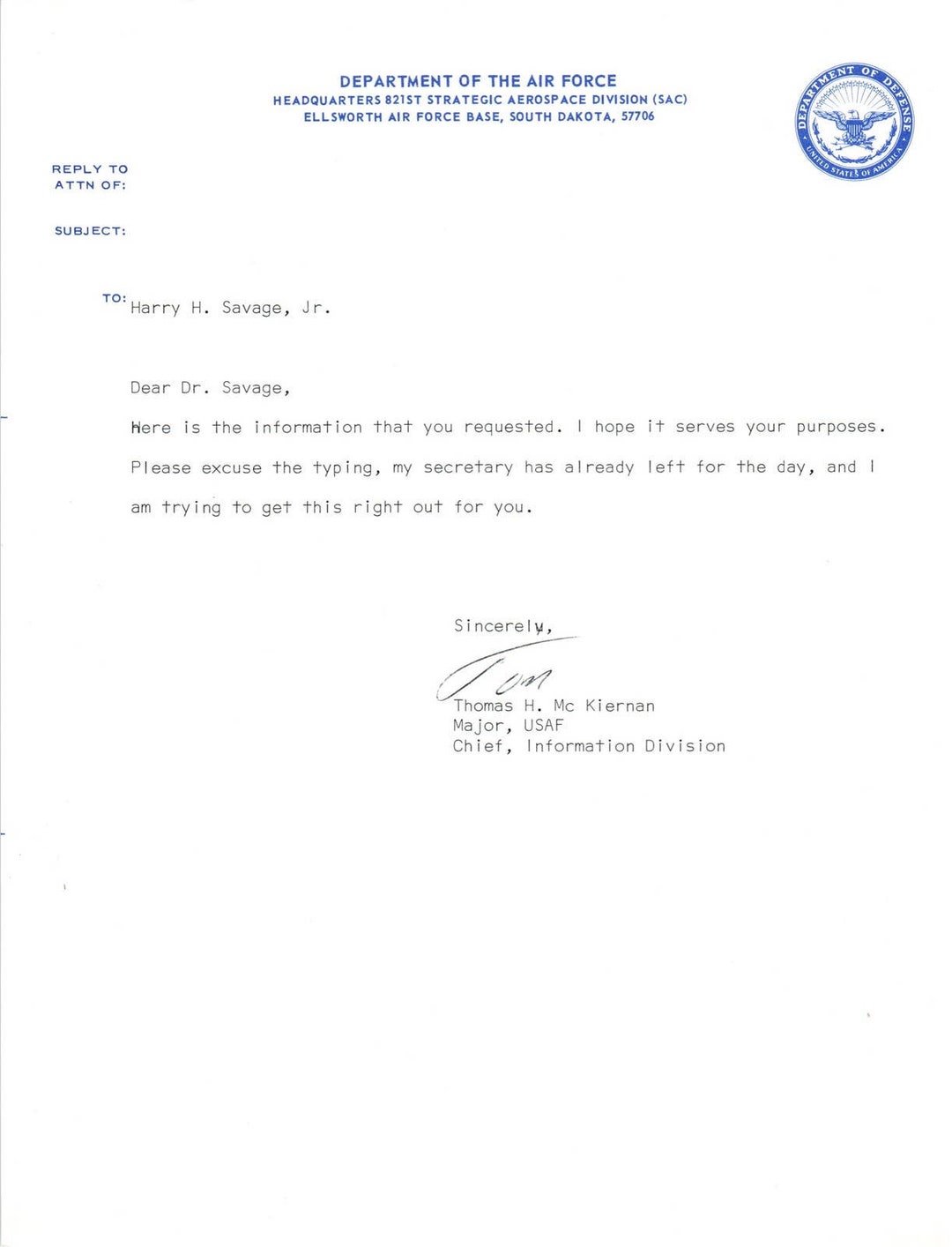 Department of the Air Force Major Thomas H. Mckiernan Letterhead 1960s ...