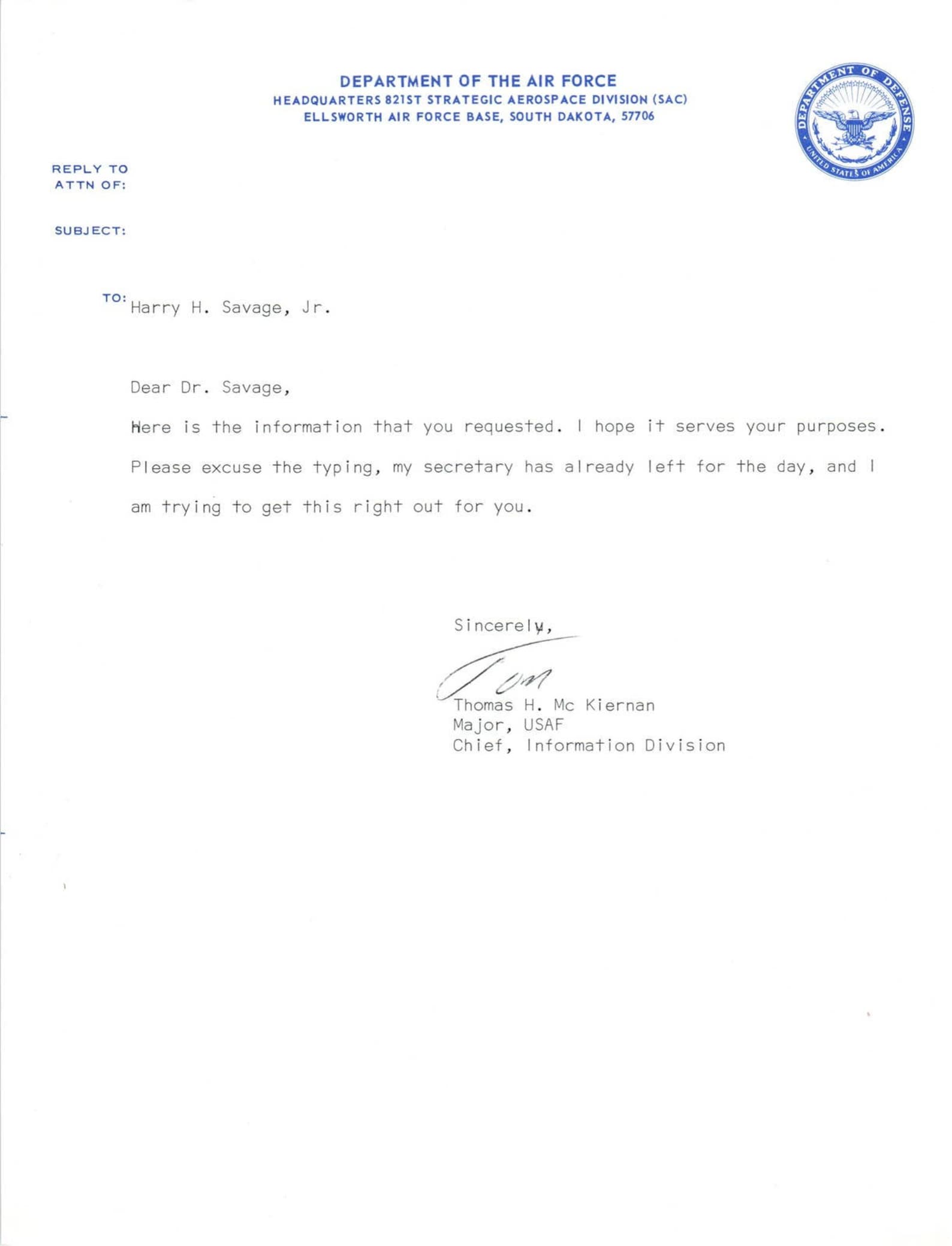 Department of the Air Force Major Thomas H. Mckiernan Letterhead 1960s ...