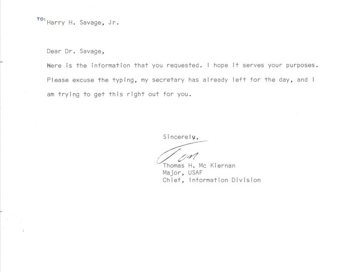 Department of the Air Force Major Thomas H. Mckiernan Letterhead 1960s ...