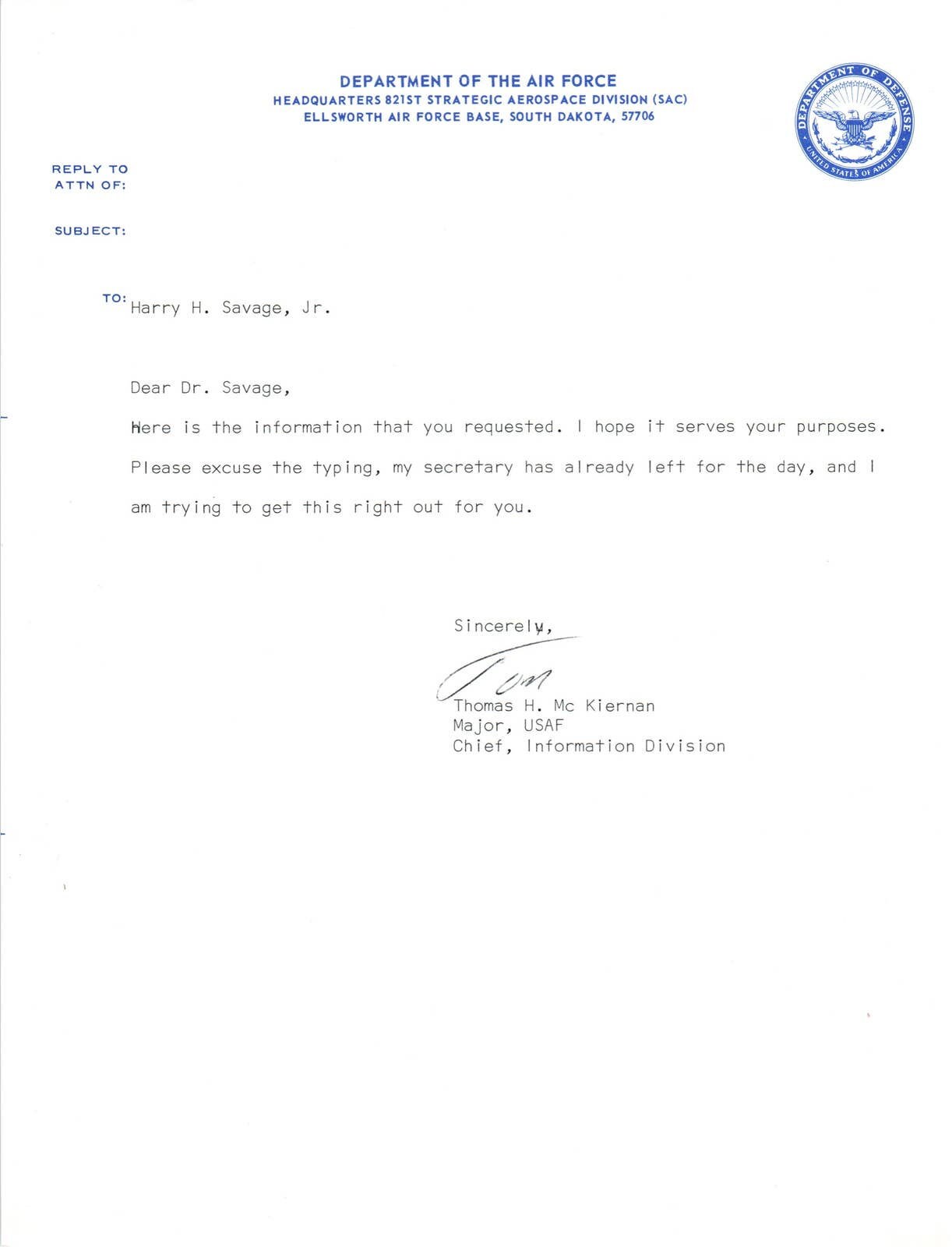 Department of the Air Force Major Thomas H. Mckiernan Letterhead 1960s ...