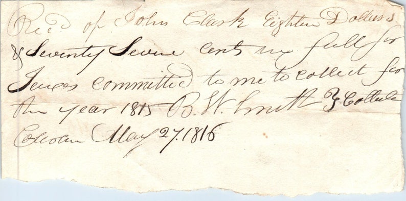 1816 Handwritten Receipt Colrain Massachusetts John Clark B.W. Smith ...