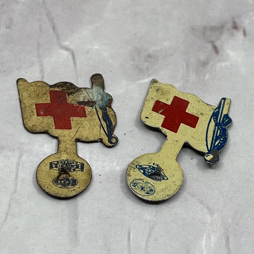 WWII American Red Cross Flag Fold Over Tab Lapel Pin Button Set of 2 ...