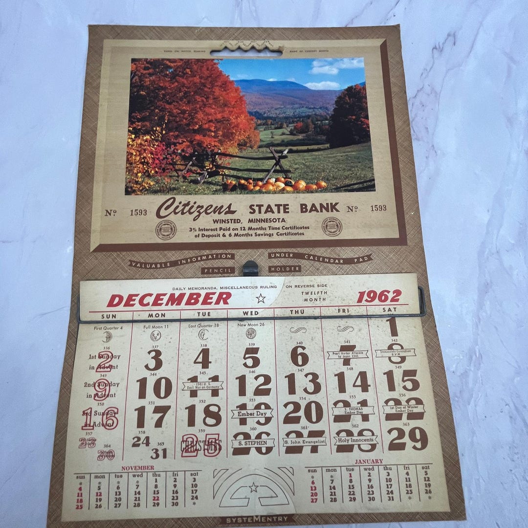 1962 Citizens State Bank Calendar Winsted MN V23 - Etsy