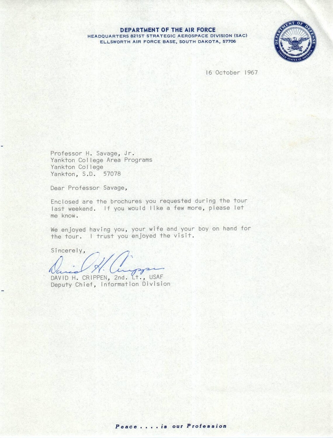 Department of the Air Force Letterhead Memo David H. Crippen 1967 TK1 ...