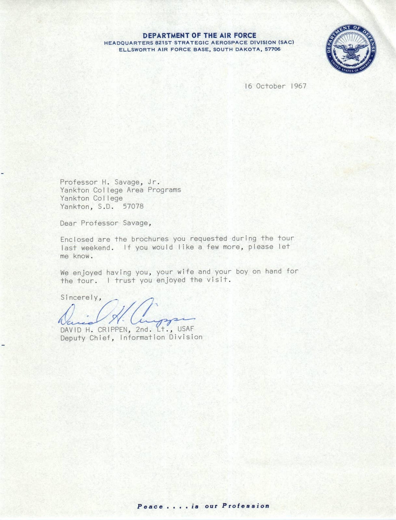 Department of the Air Force Letterhead Memo David H. Crippen 1967 TK1 ...