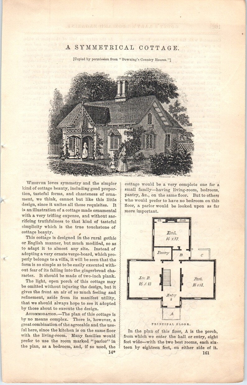 A Symmetrical Cottage With Floor Plan 1857 Original Engraving D19-5 - Etsy
