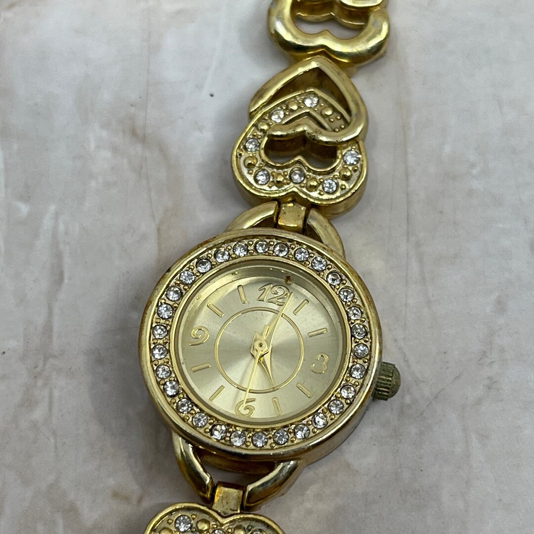 Vintage Ladies Watch Gold Tone Hearts Rhinestones Quartz Japan Movement ...