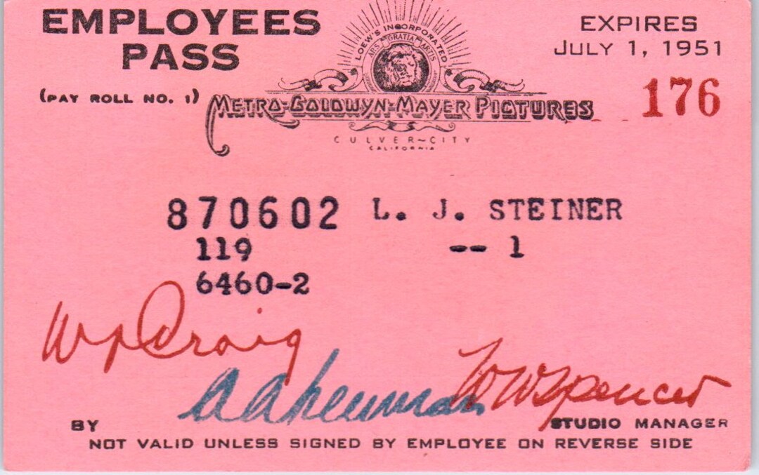 1951 Metro Goldwyn Mayer Pictures MGM Employee Pass Card California AD8 ...