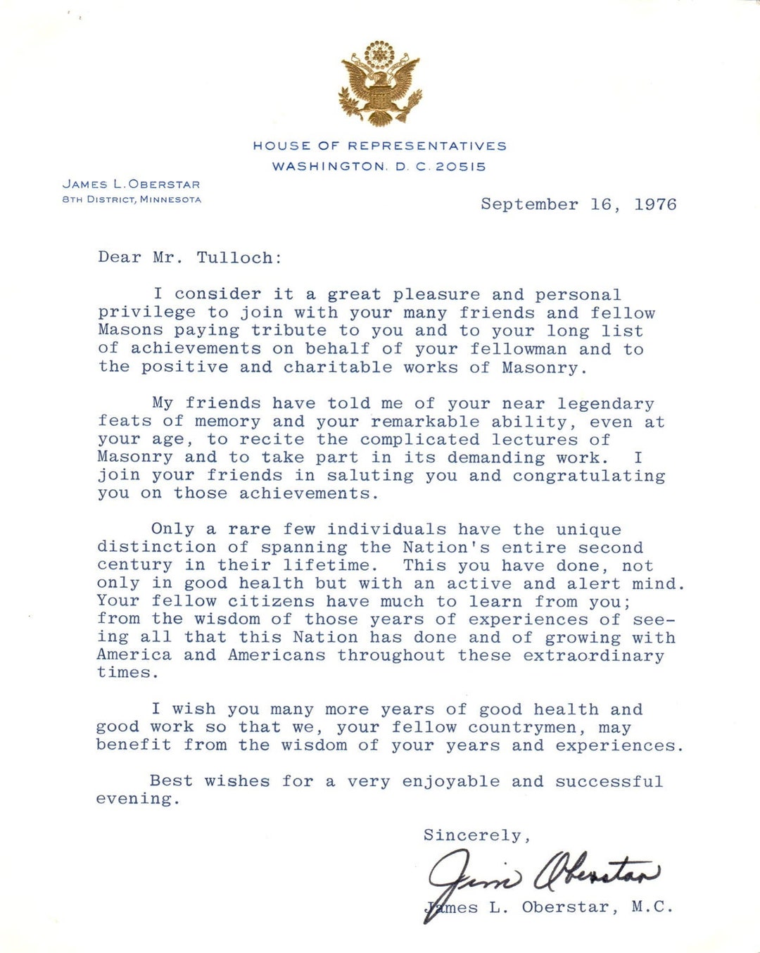 1976 House of Representatives Official Letterhead James L. Oberstar ...