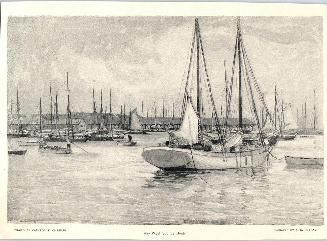 Key West Sponge Fishing Boats Carlton T. Chapman 1892 Magazine Print ...
