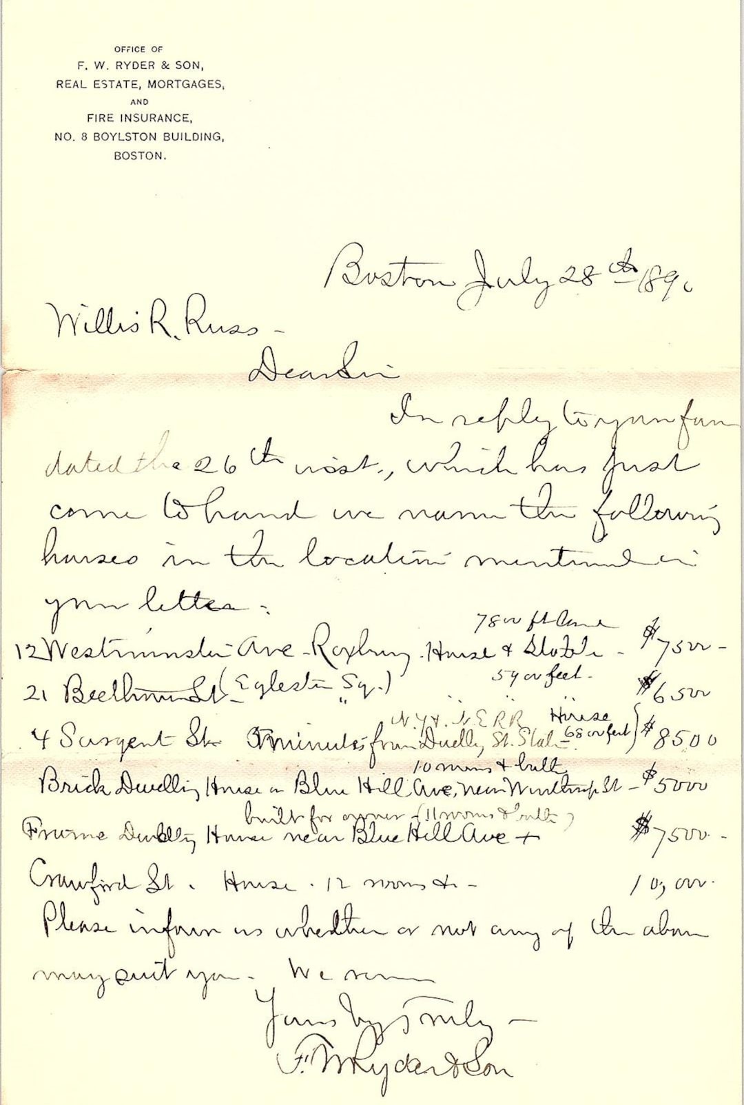 1890 Letterhead F.W. Ryder & Son Real Estate Boston MA AF3-17 - Etsy
