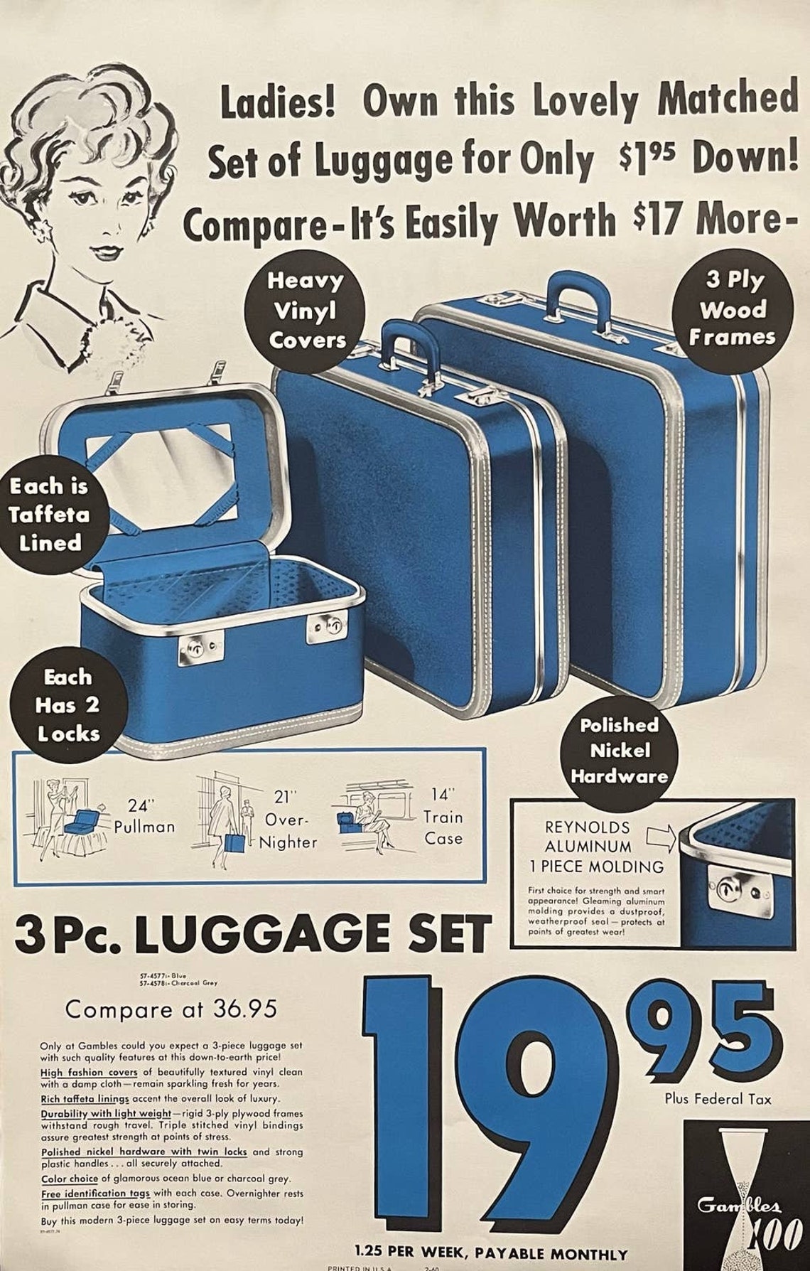 1960 3pc Luggage Set Gambles 100 Retail Store Display Advertising ...