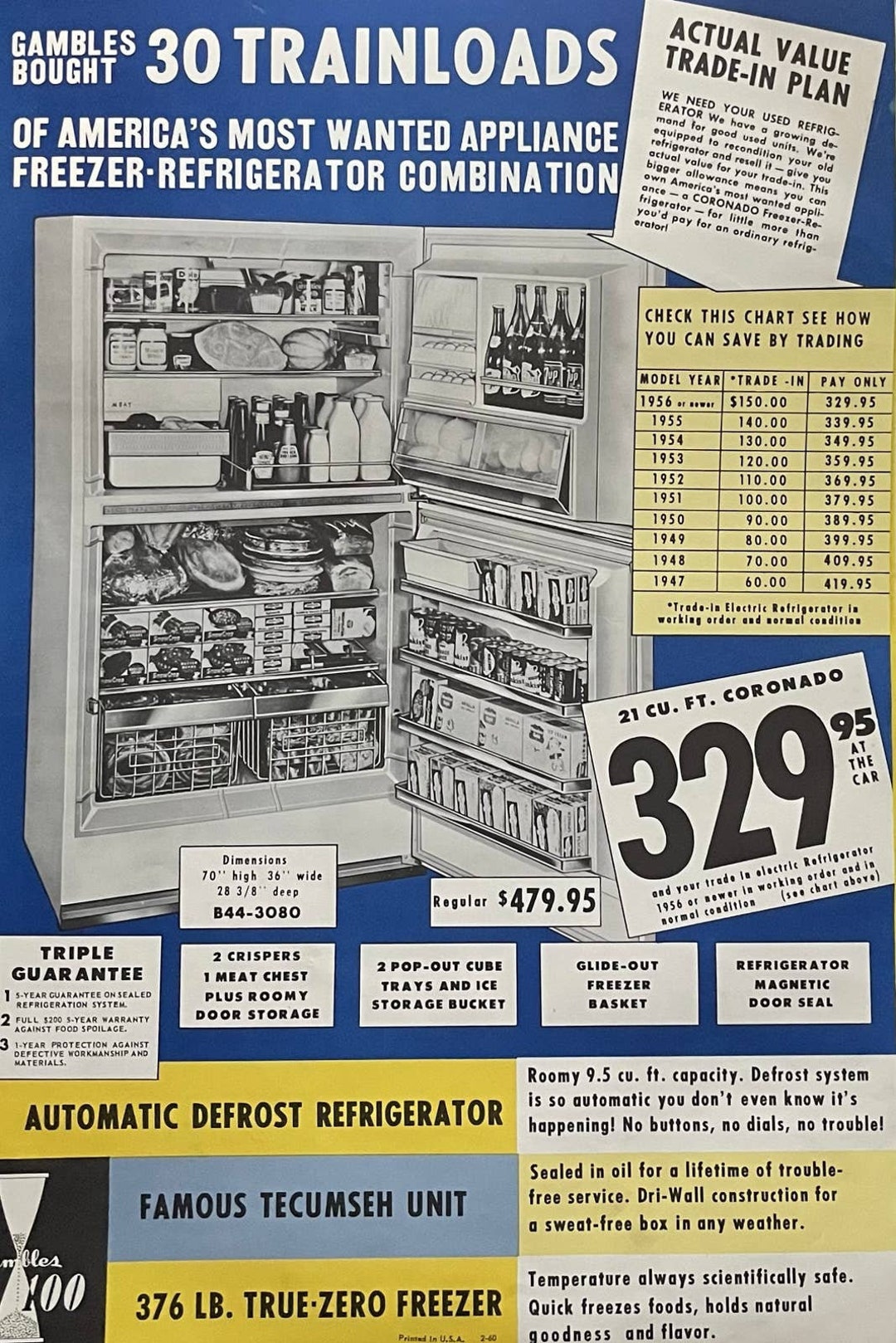 1960 Coronado Refrigerator Gambles 100 Store Display Advertising Poster ...