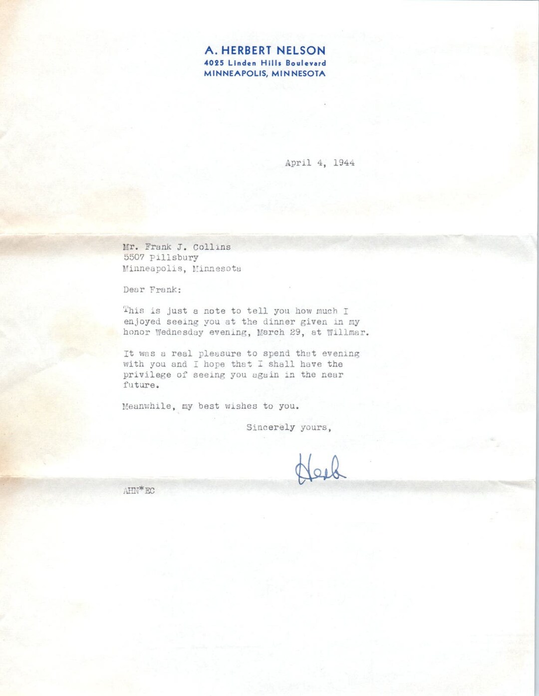 1944 A. Herbert Nelson Letterhead Memo to Frank J. Collins Minneapolis ...
