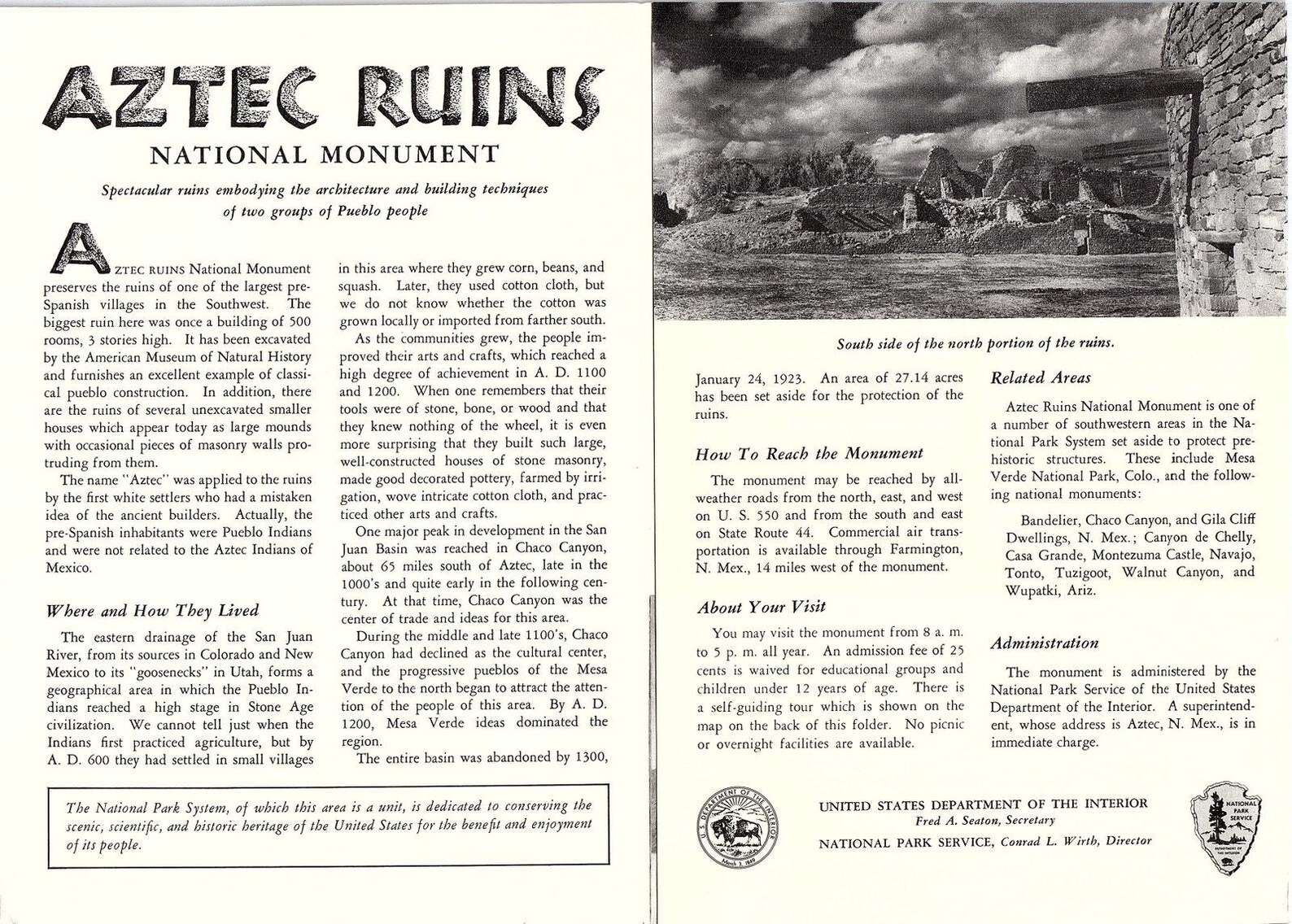 1956 Aztec Ruins National Monument Tourist Souvenir Fold Out Brochure ...
