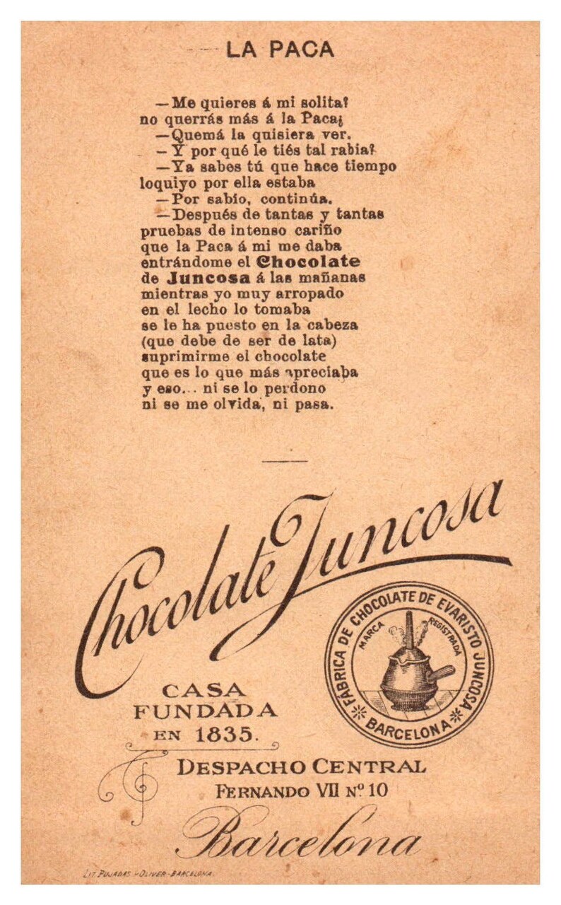 La Paca Chocolate Juncosa Barcelona - 1880s Victorian Trade Card TJ8-3 ...