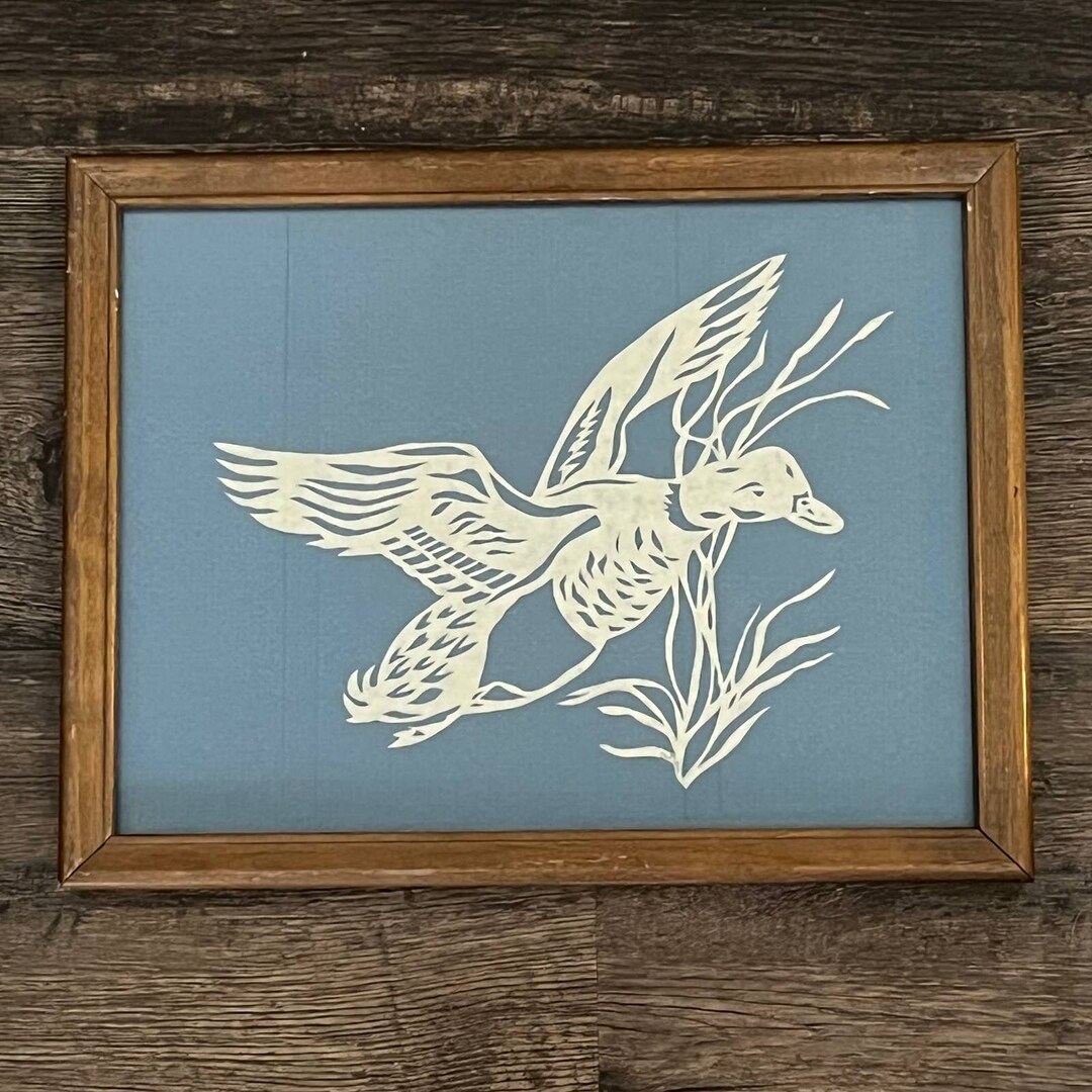 Vintage Signed Scherenschnitte Paper Art Framed Duck Silhouette 10x13 ...