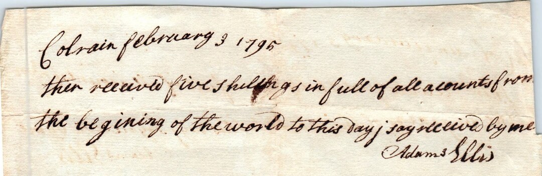 1795 Handwritten Receipt Colrain Massachusetts Adam Ellis AE6-03 - Etsy