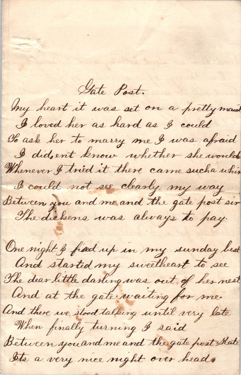 1870s Handwritten Poetry Gate Post Poem George W. Leaman Soudersburg PA ...