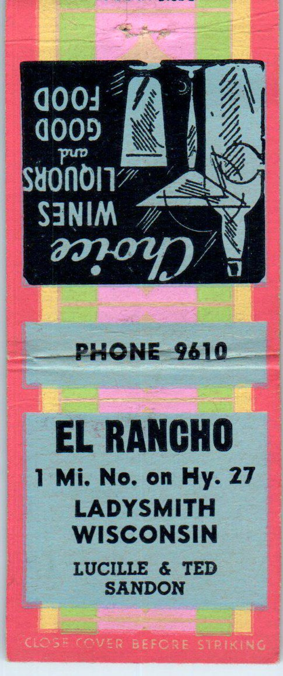 El Rancho Lucille & Ted Sandon Ladysmith WI Vintage Matchbook Cover SD4 ...