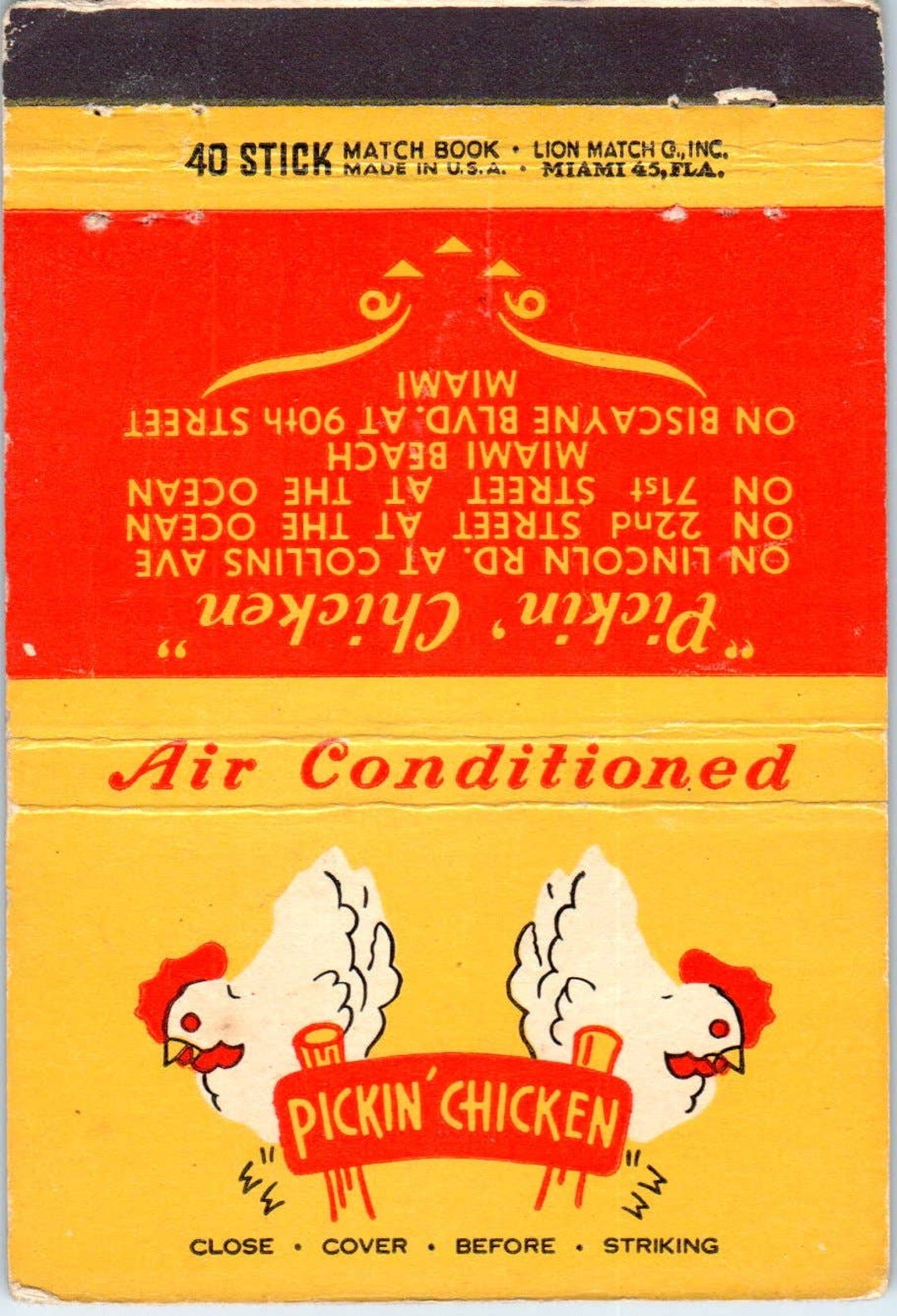 Pickin' Chicken Restaurant Miami FL Advertising Matchbook Cover SA1-M5 ...