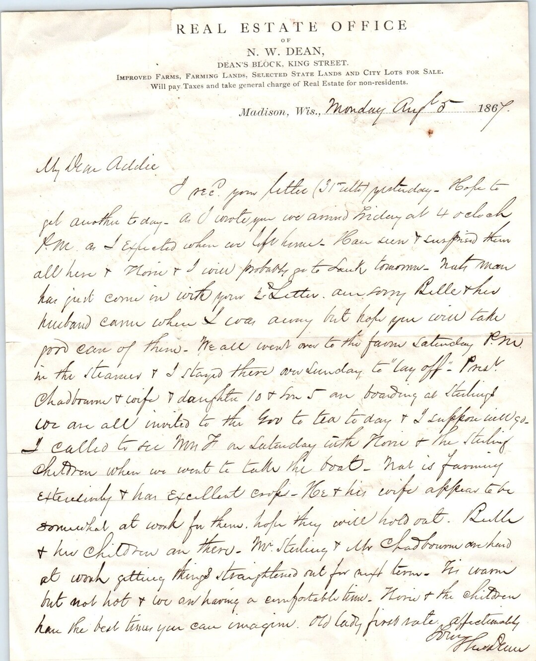 1867 Real Estate Office of N.W. Dean Madison Wisconsin Handwritten ...