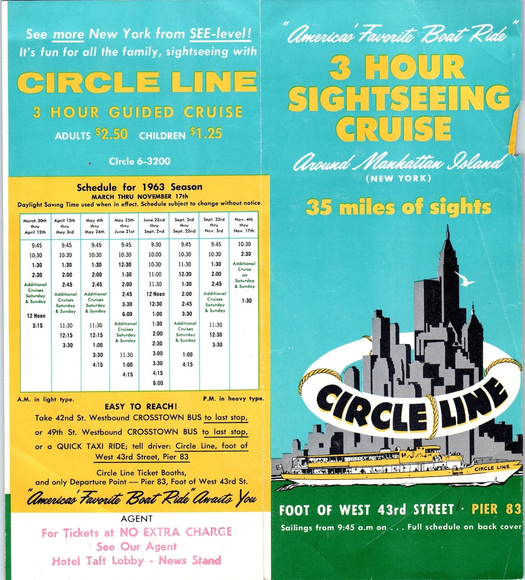 1963 Circle Line Sightseeing Cruise NY Pier 83 Travel Map & Brochure ...
