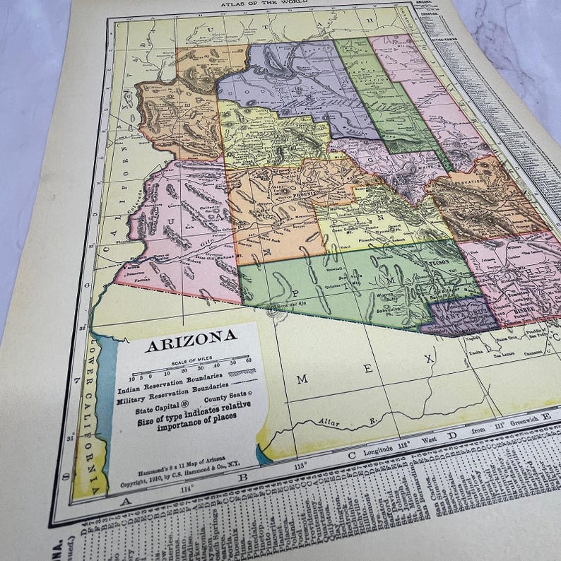Original Antique Map of Arizona From 1910 Atlas V14-7 - Etsy