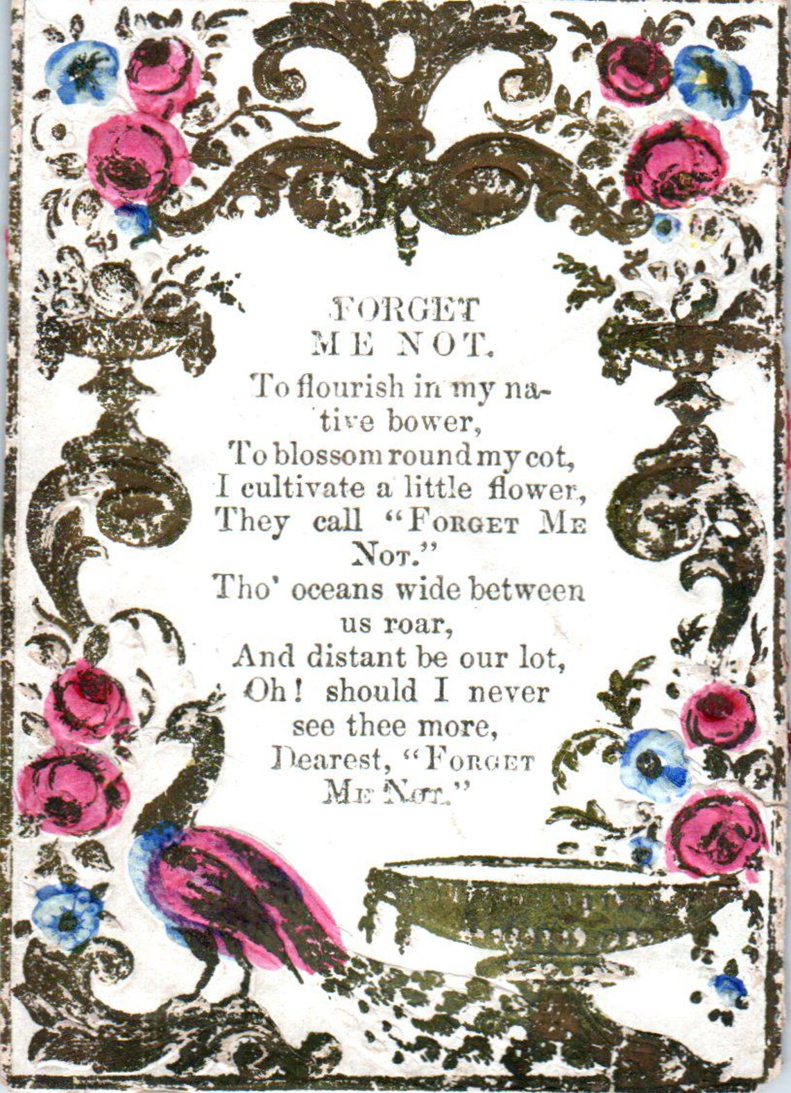 1880s Victorian Forget Me Not Poem Card Embossed Peacock Roses AE6-SF1 ...