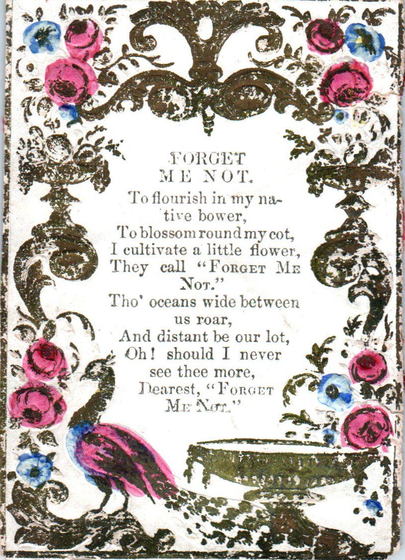 1880s Victorian Forget Me Not Poem Card Embossed Peacock Roses AE6-SF1 ...