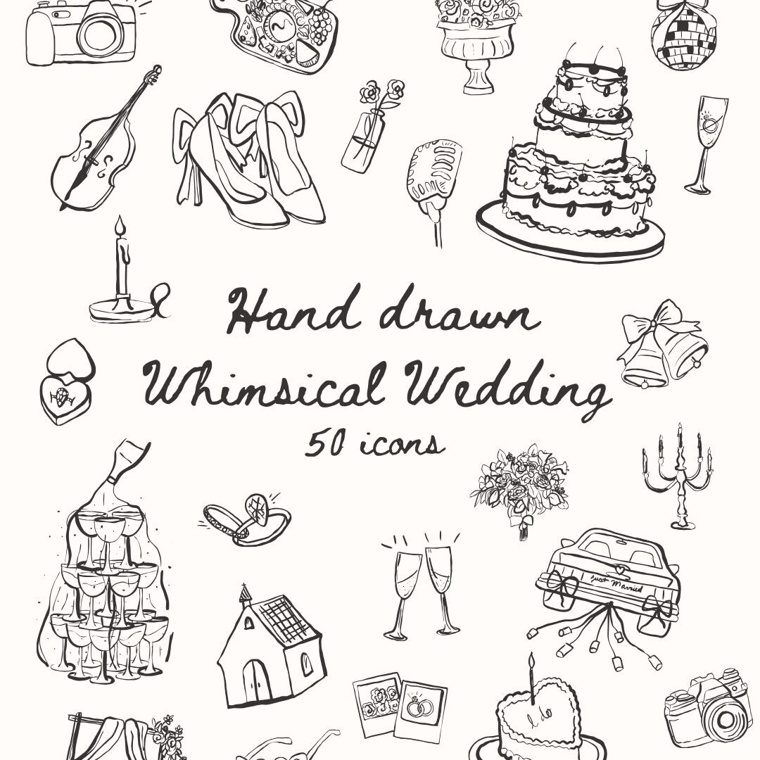 50 Hand-drawn Bridal Wedding Doodle Clipart Icons Whimsical Line ...