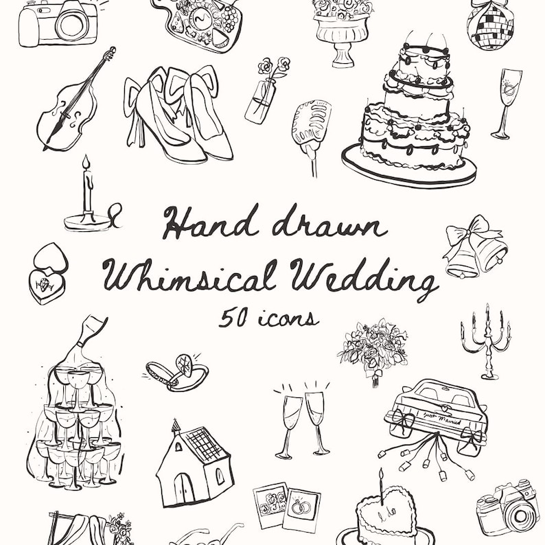 50 Hand-drawn Bridal Wedding Doodle Clipart Icons Whimsical Line ...