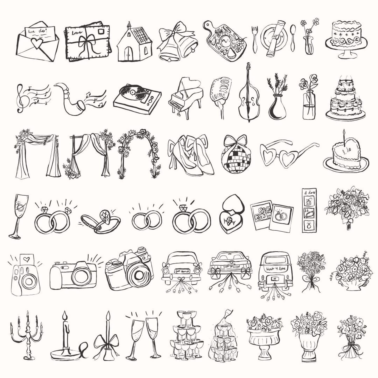 50 Hand-drawn Bridal Wedding Doodle Clipart Icons Whimsical Line ...