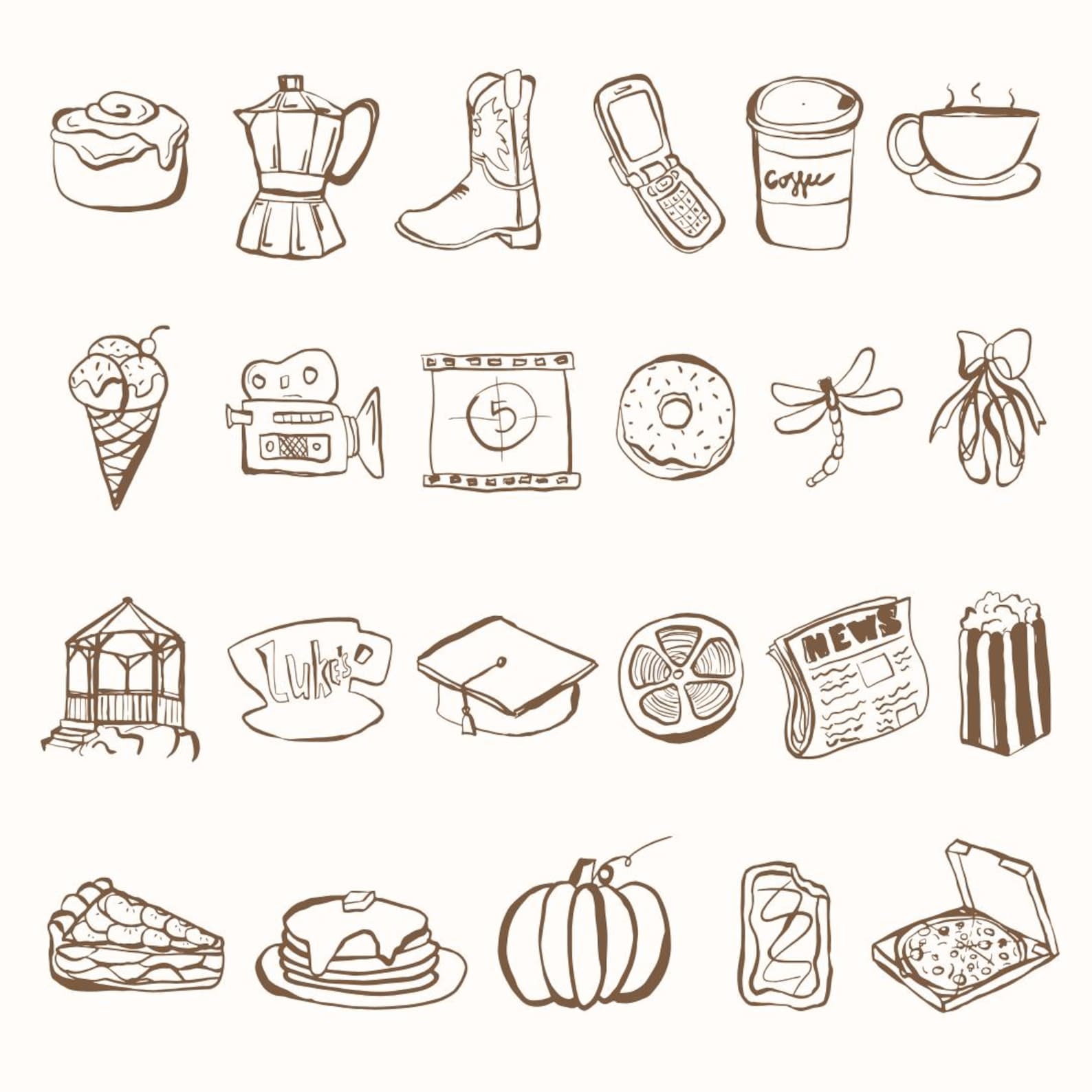 25 Hand-drawn Gilmore Girls Doodle Clipart Icons Whimsical Line Drawing ...