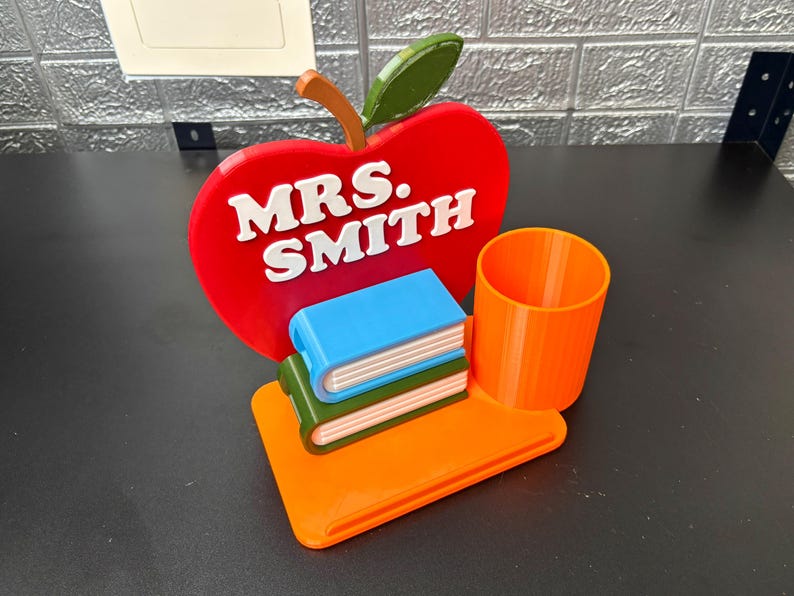Personalized Teacher Desk Organizer – Apple Nameplate, Book Stack ...