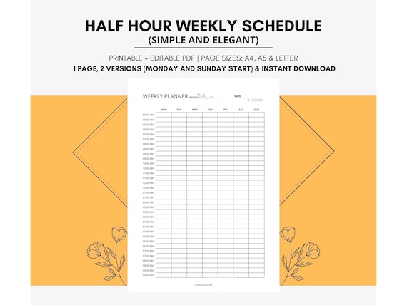 Half Hour Weekly Schedule Weekly Planner Printable Week at a | Etsy